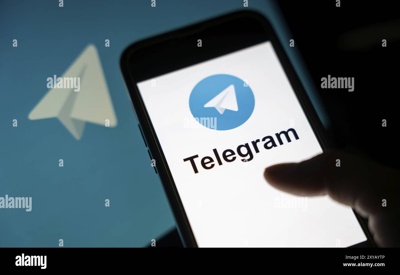 The social media Telegram messenger logo is being displayed on a ...
