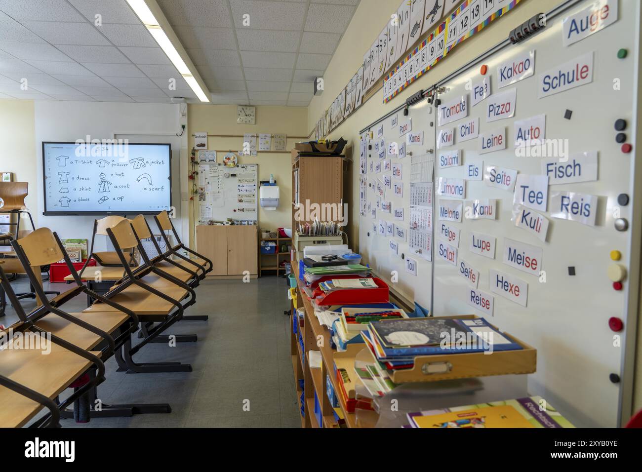 Classroom of a fourth grade, after school, the building is older but in ...
