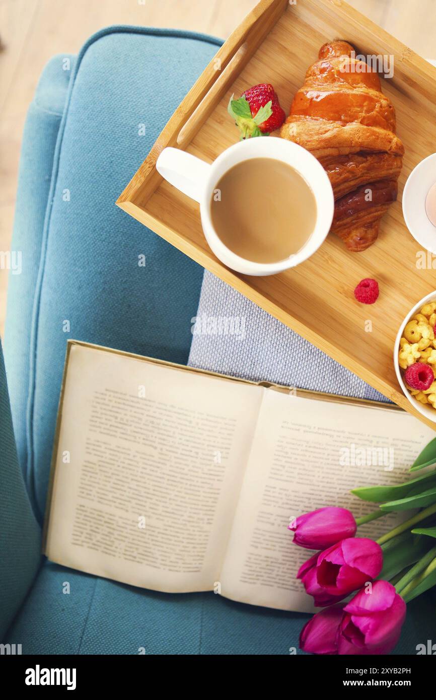 Healthy morning breakfast on tray top view close up Stock Photo - Alamy