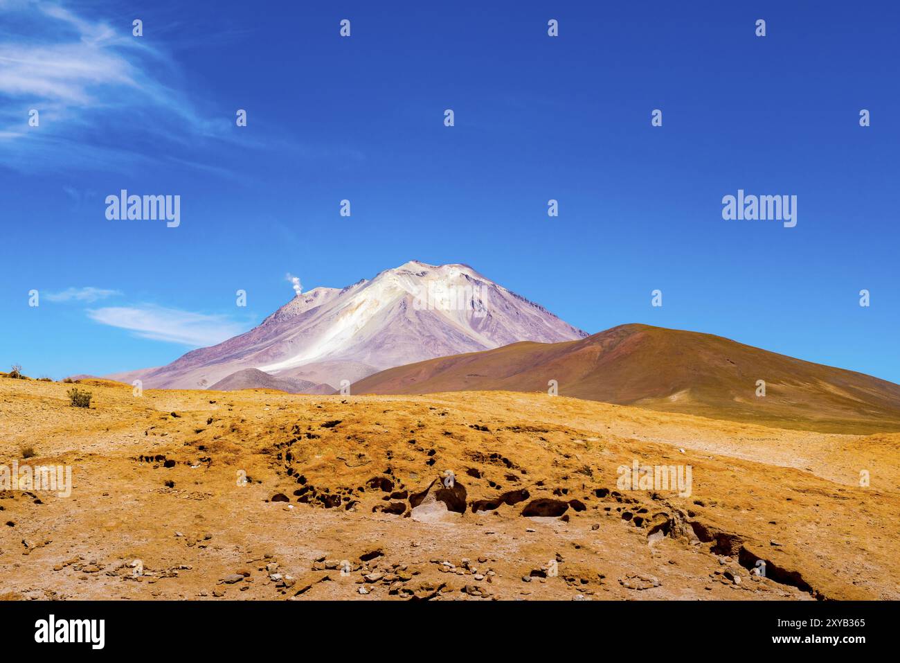 Natural landscape of active volcano Ollague at the Bolivia, Chile ...