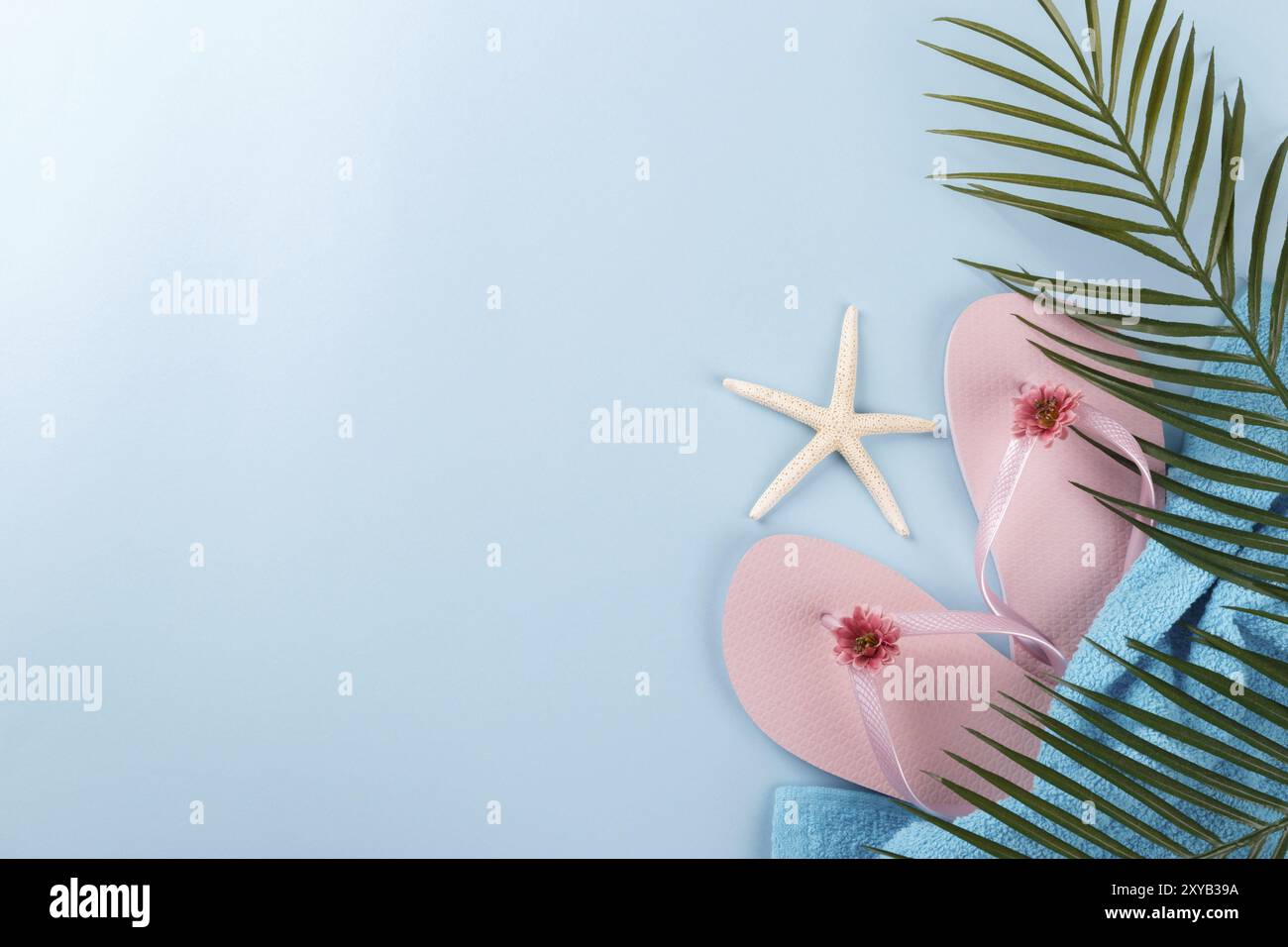 Summer holidays, pink beach slippers flip flops, towel, palm tree ...