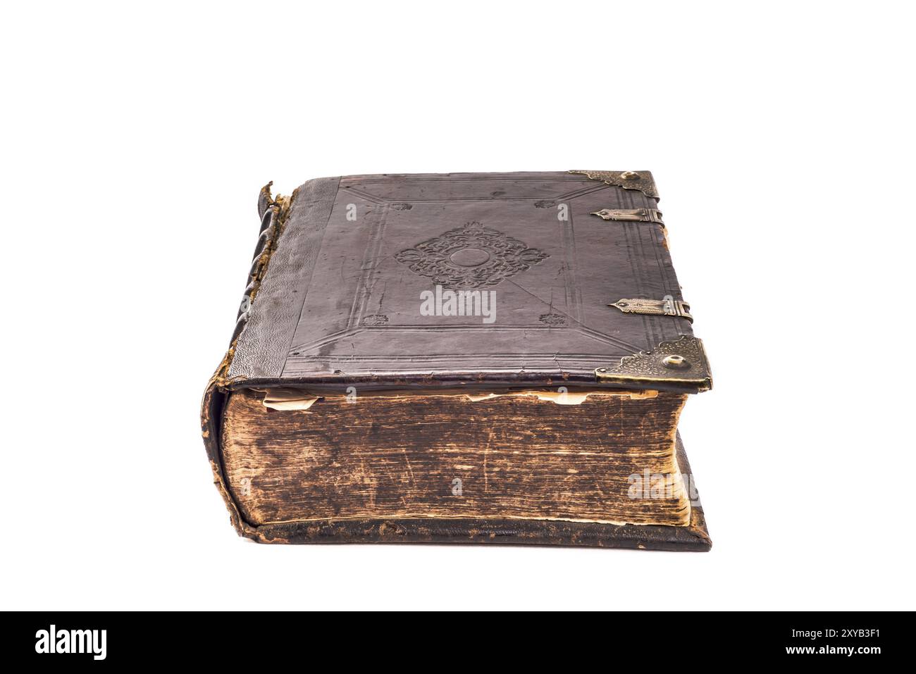 Old book with tarnished pages on a white background Stock Photo - Alamy