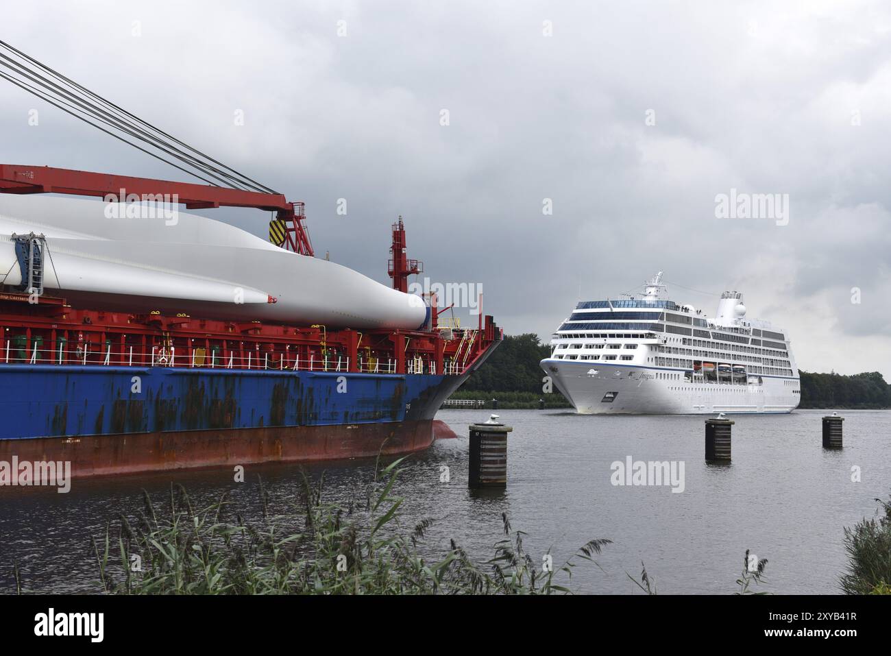 Cruise ship Insignia and cargo ship Debbie meet in the Kiel Canal, Kiel ...