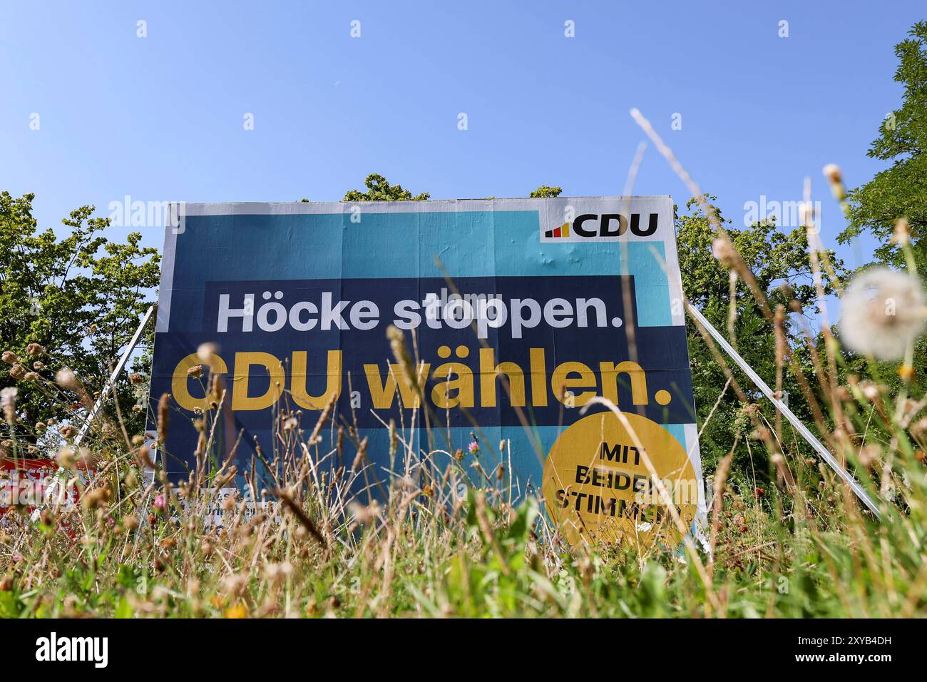 Ein Wahlplakat der Partei CDU steht am Strassenrand, Wahlwerbung ...