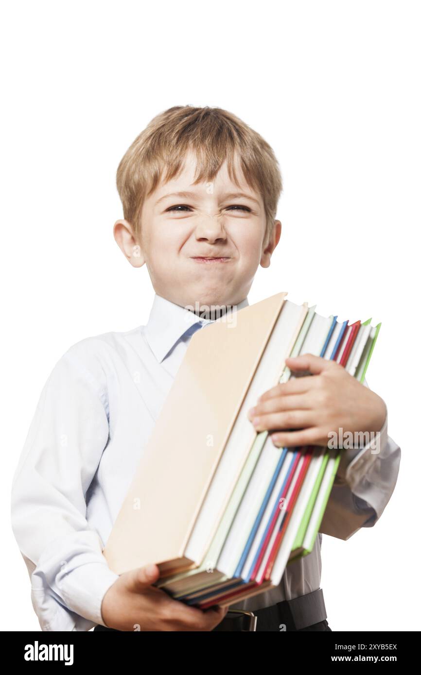 Beauty smiling child boy hand holding education reading books heap ...