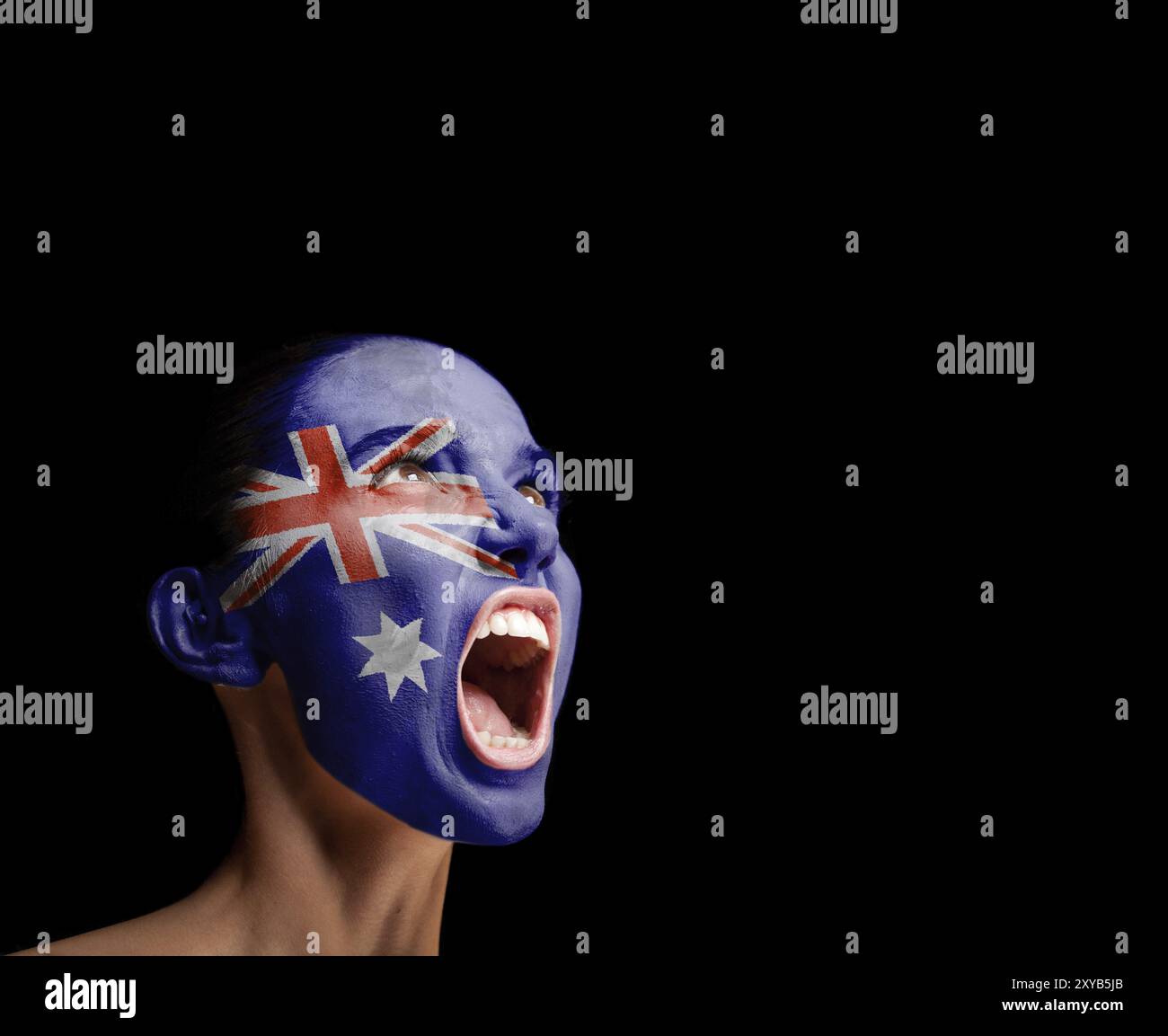 The Australian flag on the face of a screaming woman. concept Stock ...