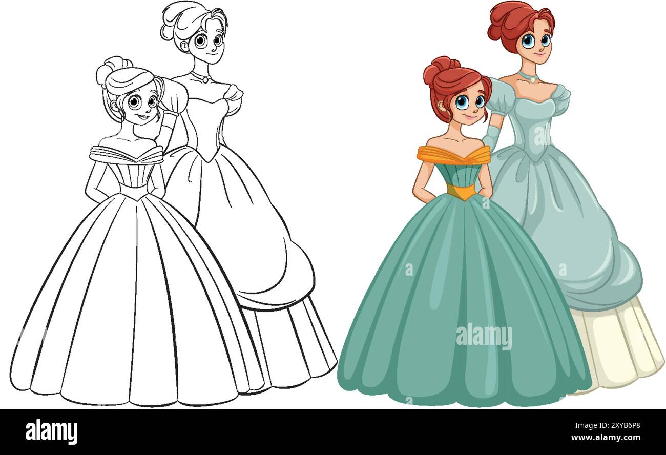 Two princesses in colorful and outlined dresses Stock Vector Image ...
