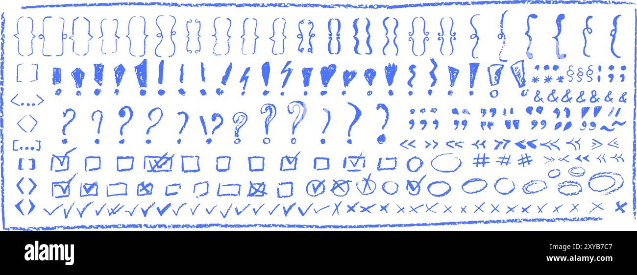 Set of children hand drawn crayon text symbols. Collection of blue ...