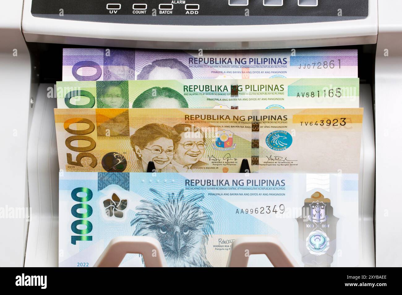 Philippine money - peso in the counting machine Stock Photo - Alamy