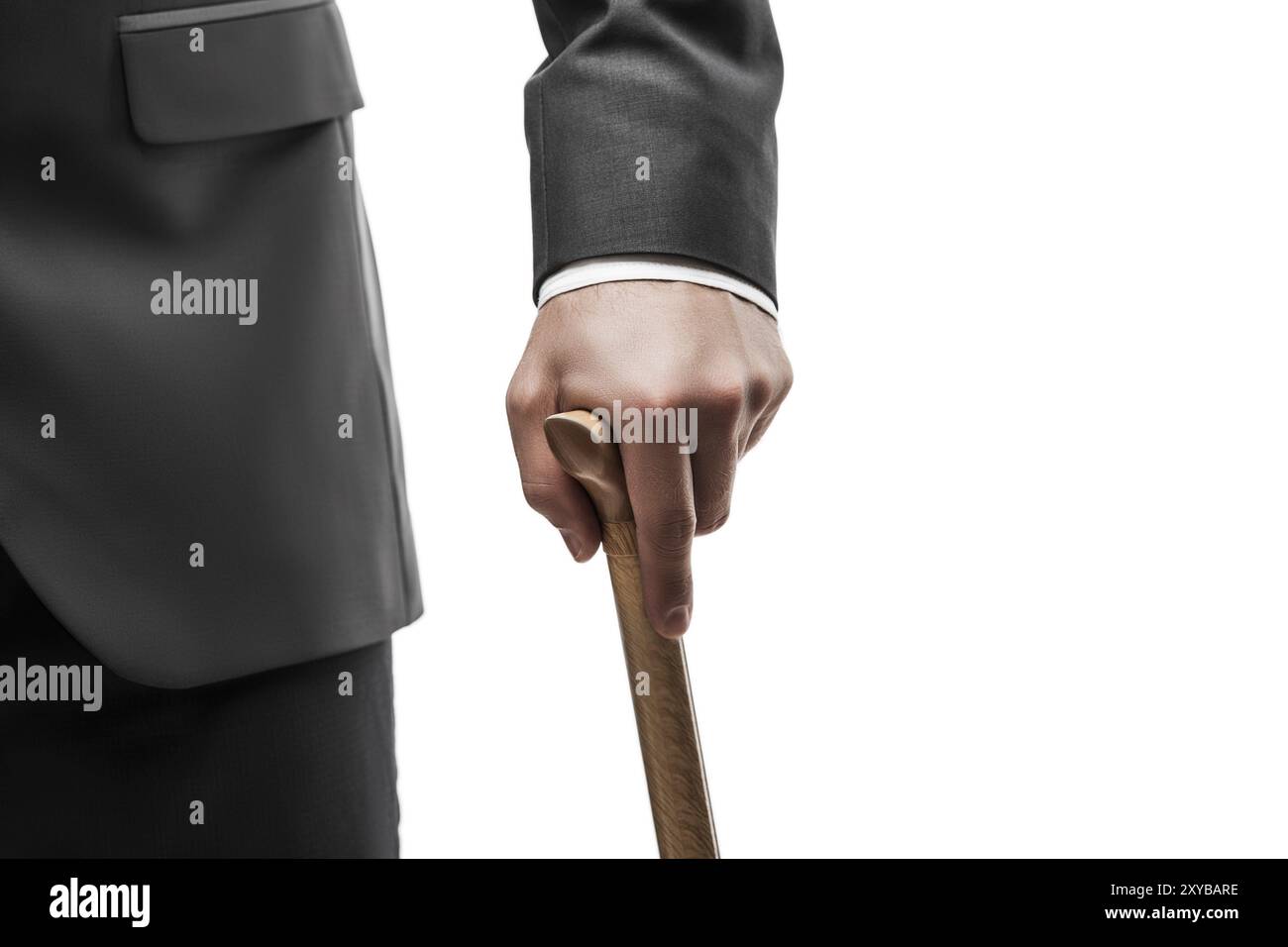 Businessman in black suit hand holding wooden walking cane stick white ...