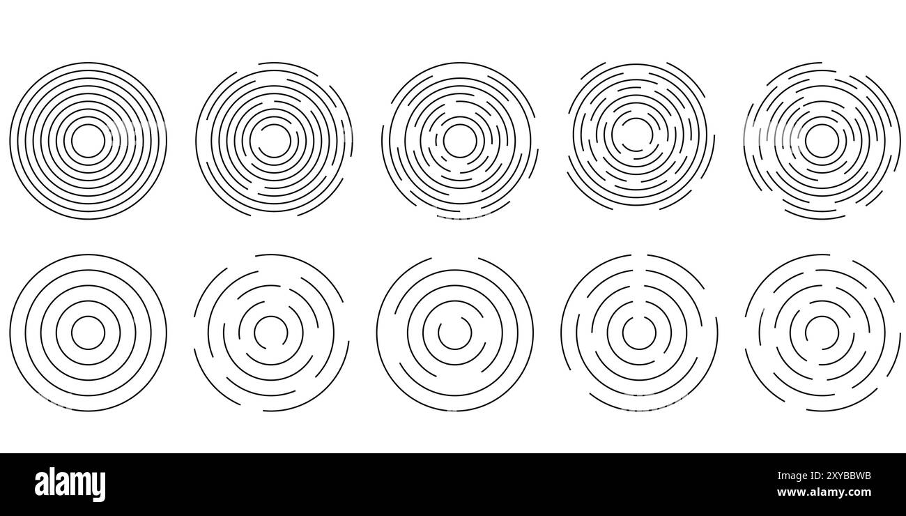 Set of circular ripple icons. Concentric circles with broken lines isolated on white background ...