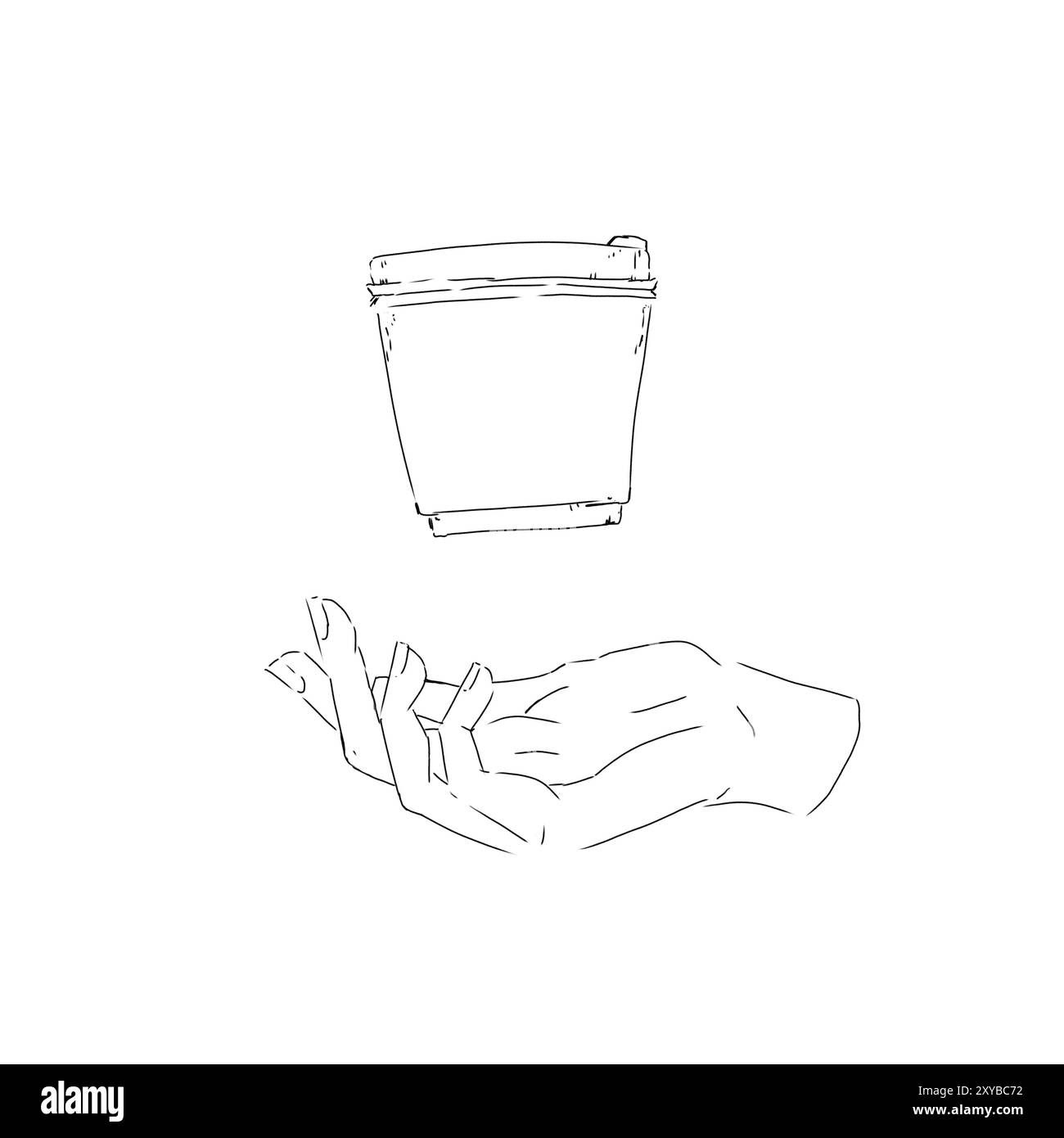 Paper cup with coffee hanging over open palm mockup black and white ...