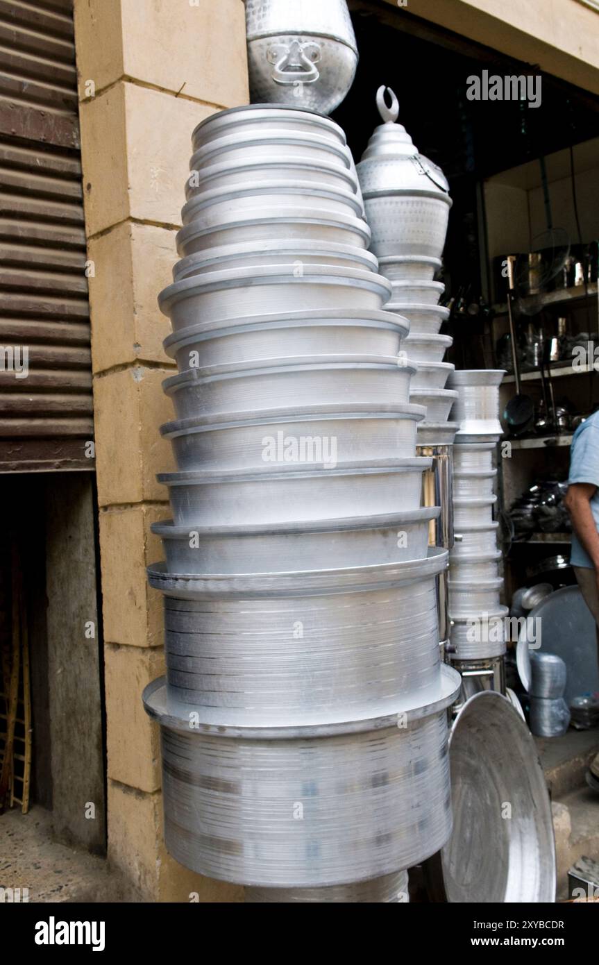 Pots and kitchen utensils shop in the Khan El Khalili in Cairo, Egypt ...