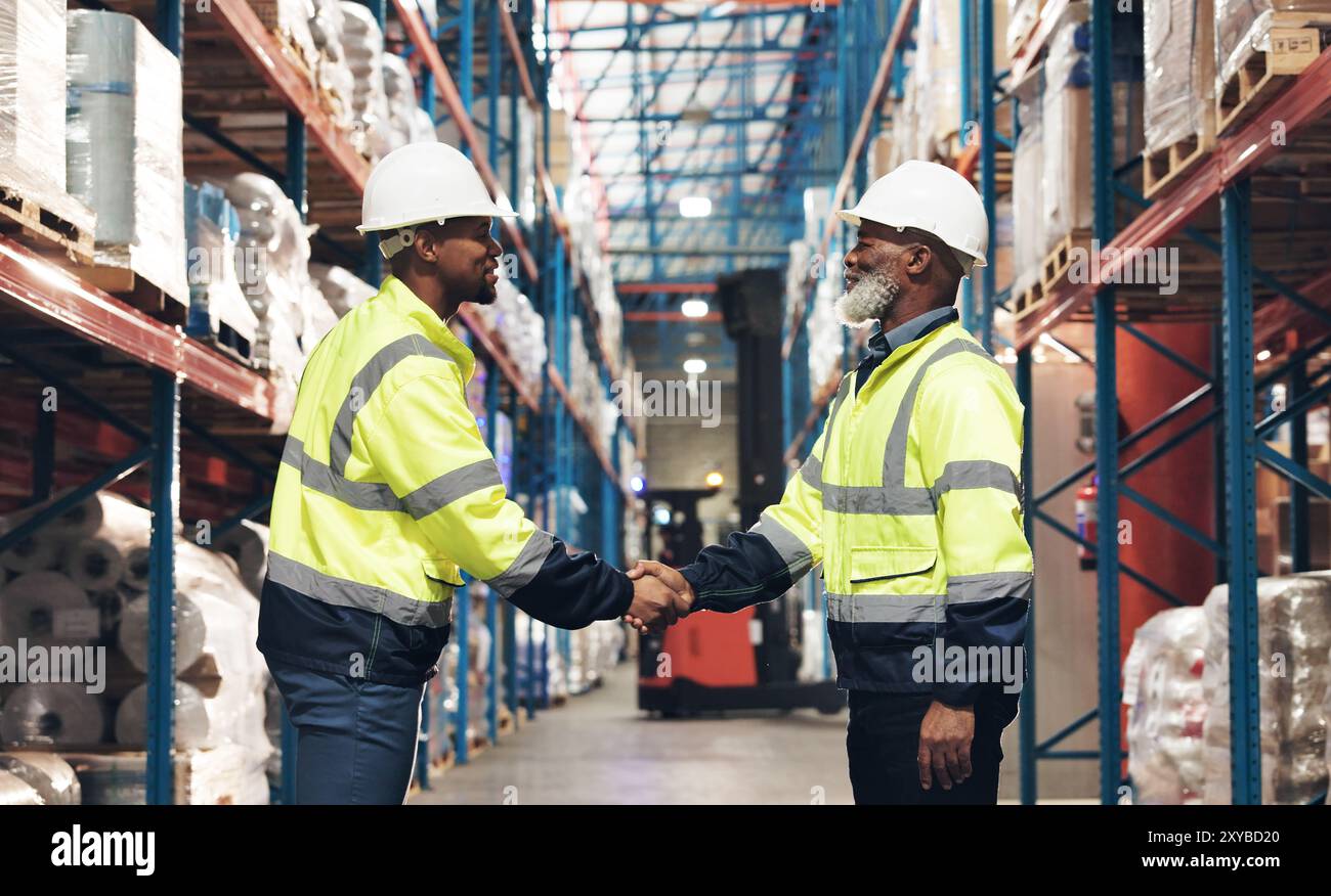 Business people, handshake and logistics with meeting for supply chain ...