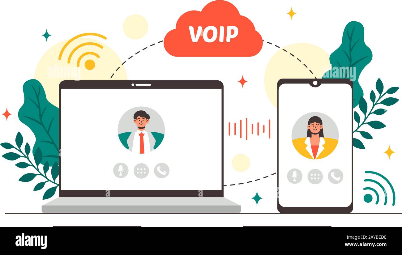 VOIP or Voice Over Internet Protocol Vector Illustration with Telephony ...