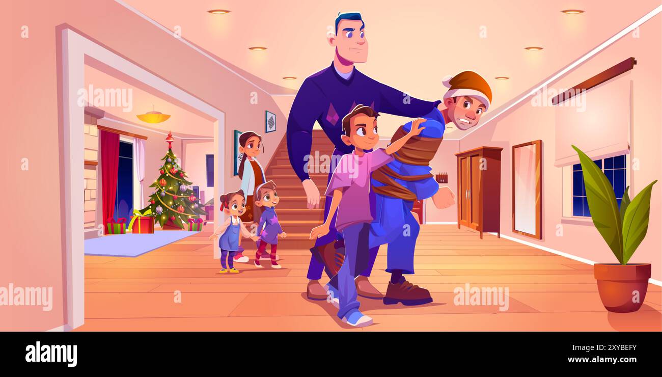 Father and burglar in home corridor background. Christmas house hallway ...