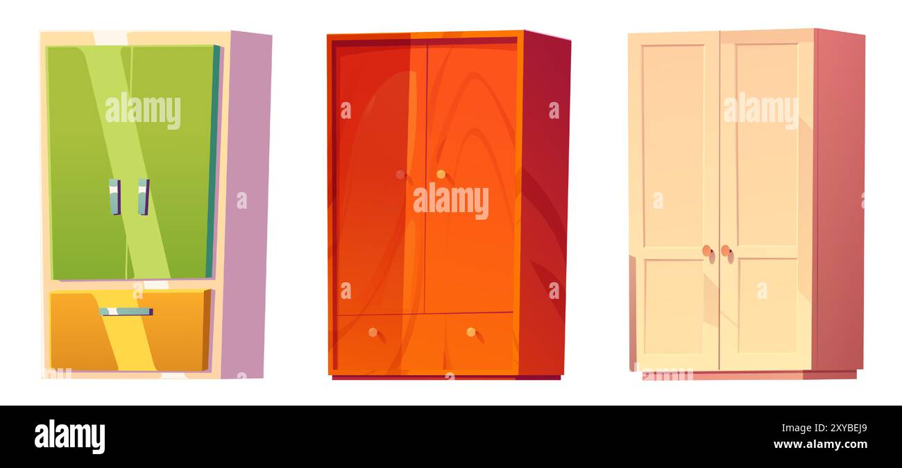 Wooden wardrobes set isolated on white background. Vector cartoon ...