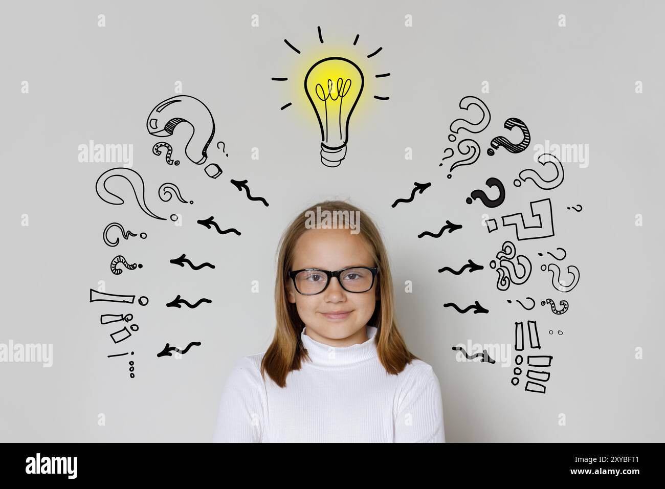 Creative child girl with light bulb and question marks on white ...