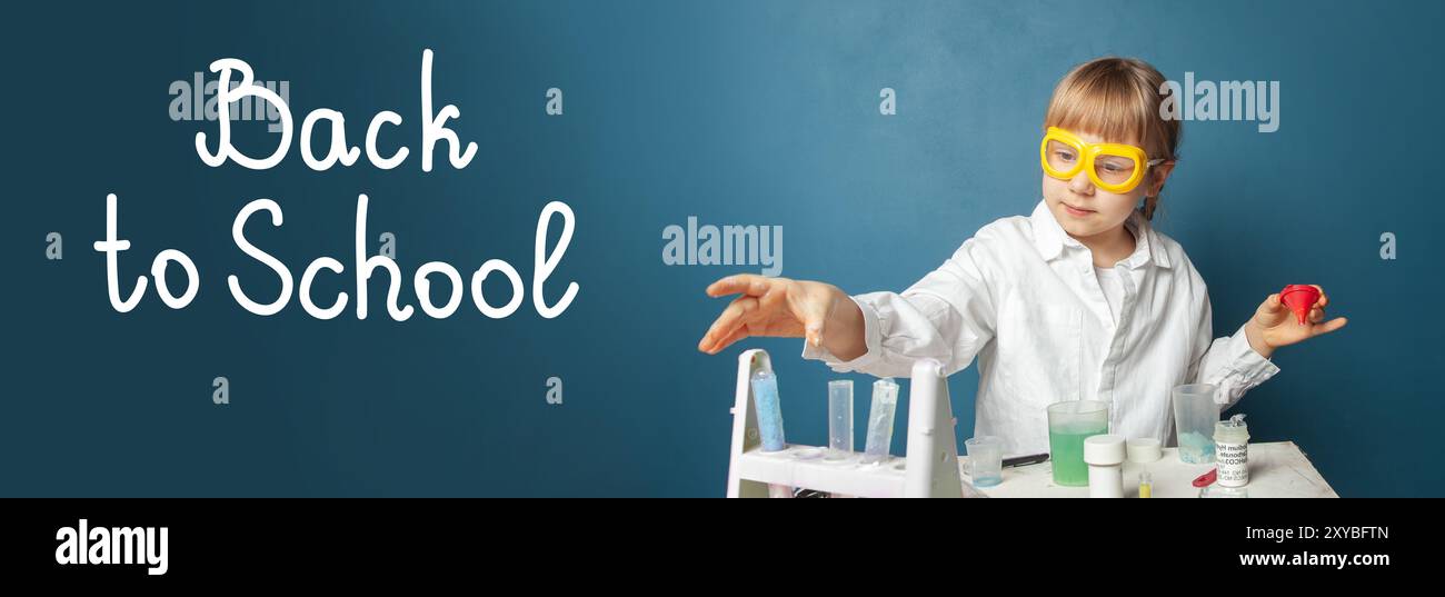 Little school child on blue color background. Education and Back to ...