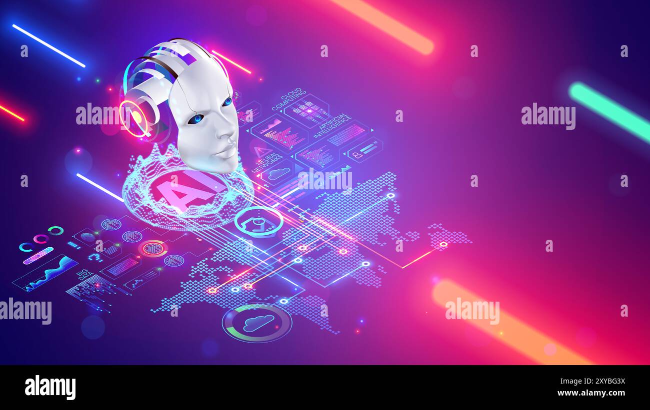 AI chat bot technology concept. Robot, chat bot head hanging over digital map of world ...