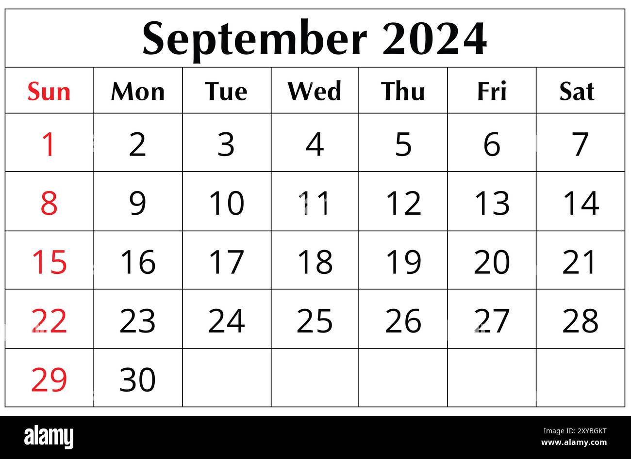 September 2024 ENGLISH month calendar. Printable illustration. Monthly ...