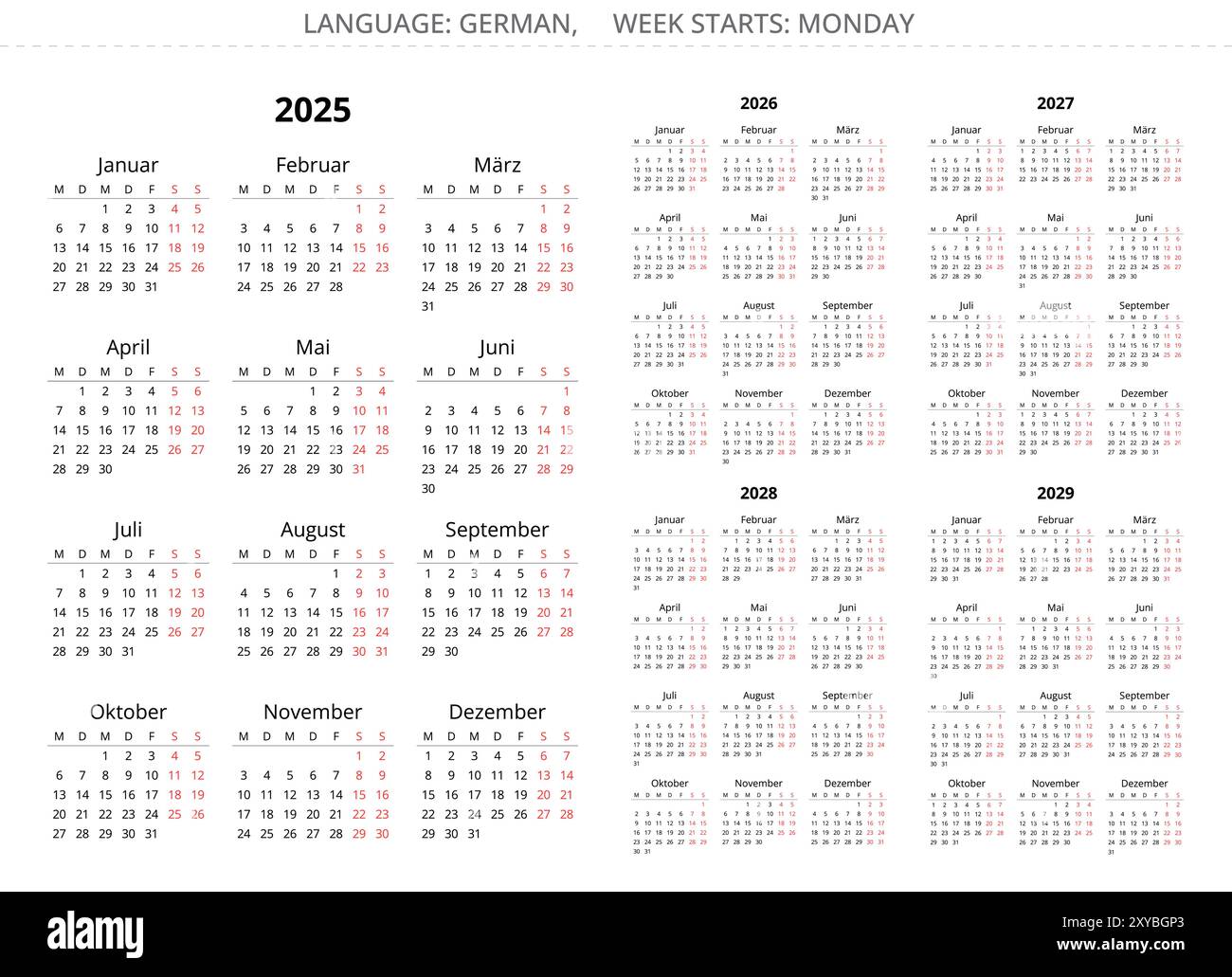 2025, 2026, 2027, 2028, 2029 year vertical german calendars. Printable ...