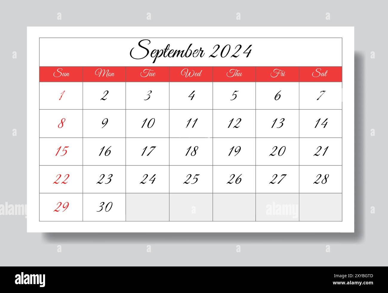 September 2024 ENGLISH month calendar. Vector printable illustration ...
