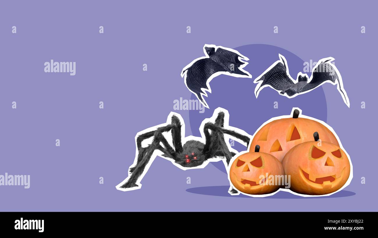 A purple background with a spider, bats and pumpkins. The spider is on ...