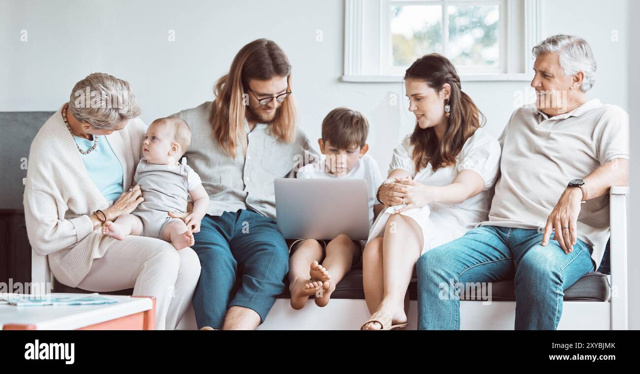 Laptop, child and happy family in home with parents for relax, game or ...