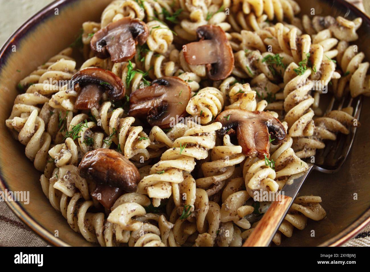Fusilli pasta, in creamy mushroom sauce, pasta with mushrooms, homemade ...
