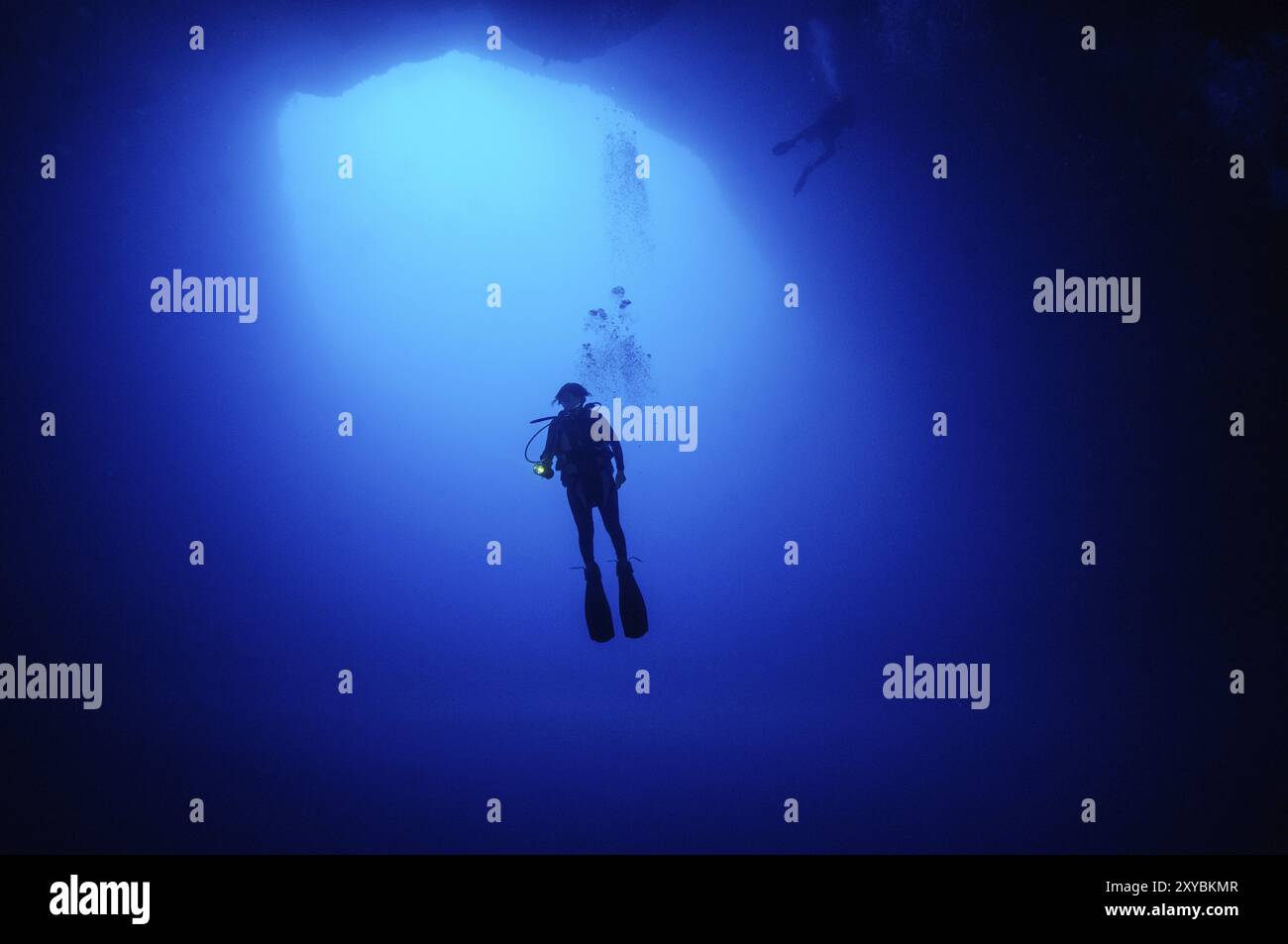 Female diver scuba diver diving in floating under opening cave opening ...
