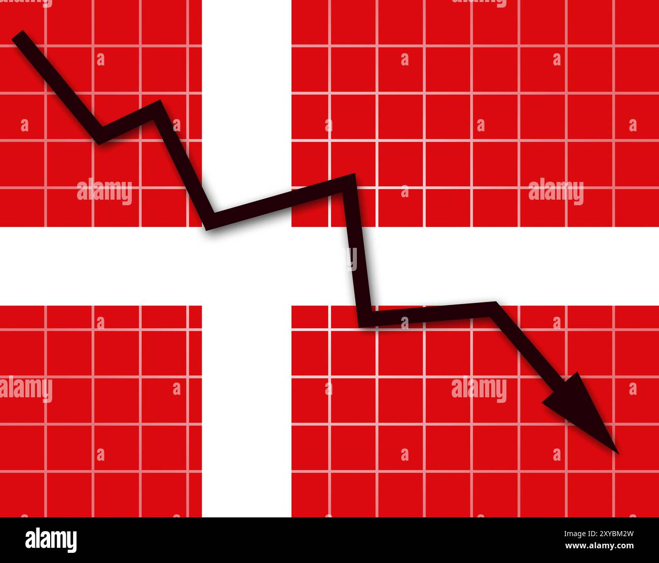 The Danish flag and arrow graph going down Stock Photo - Alamy