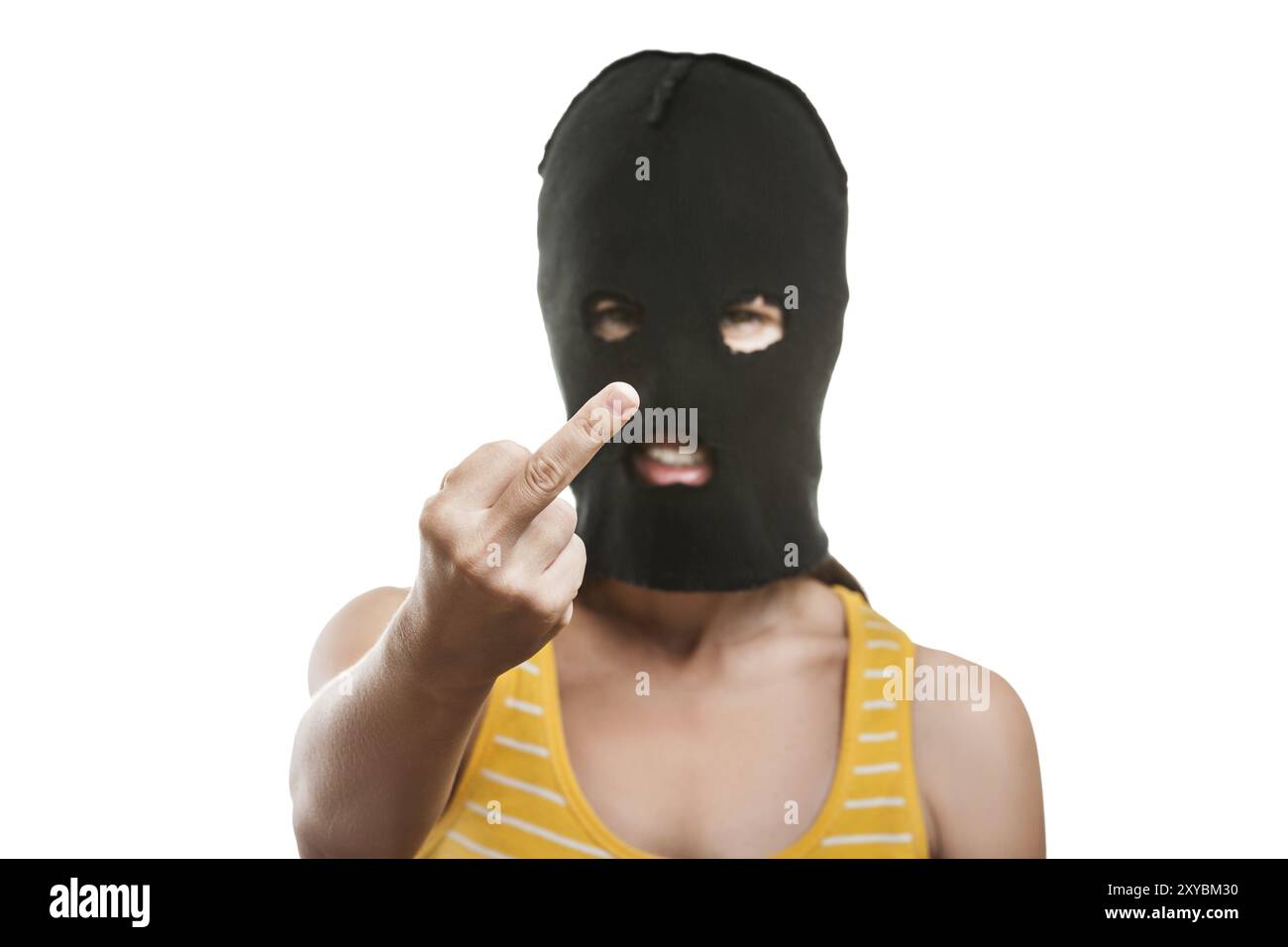 Russian protest movement concept, woman wearing balaclava or mask on ...