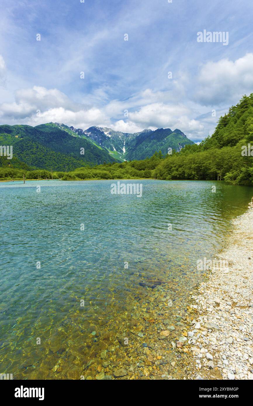 Landscape of turquoise water of Taisho Pond shoreline with nature view ...