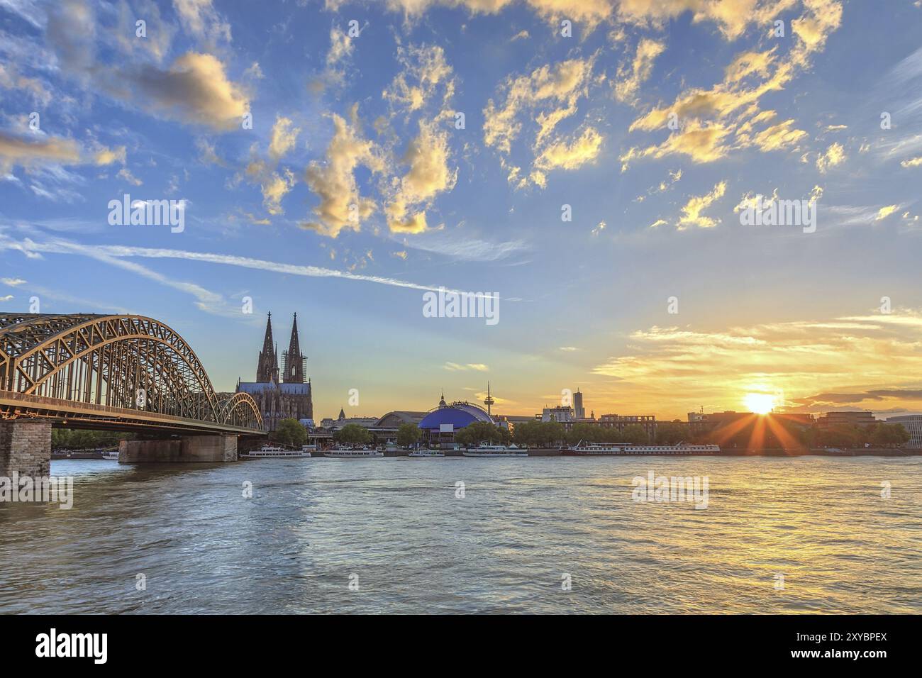 Cologne sunset city skyline with Cologne Cathedral and Rhine River ...