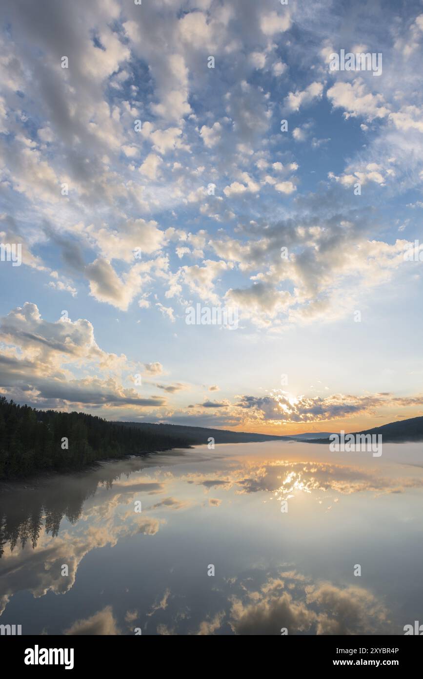 Evening fog at the river Stora Luleaelven, Norrbotten, Lapland, Sweden ...