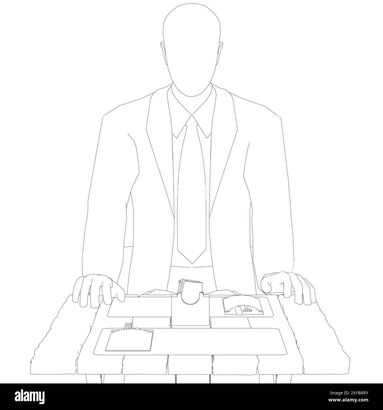 Outline of a man in a suit with a tie sitting at a table. First person ...