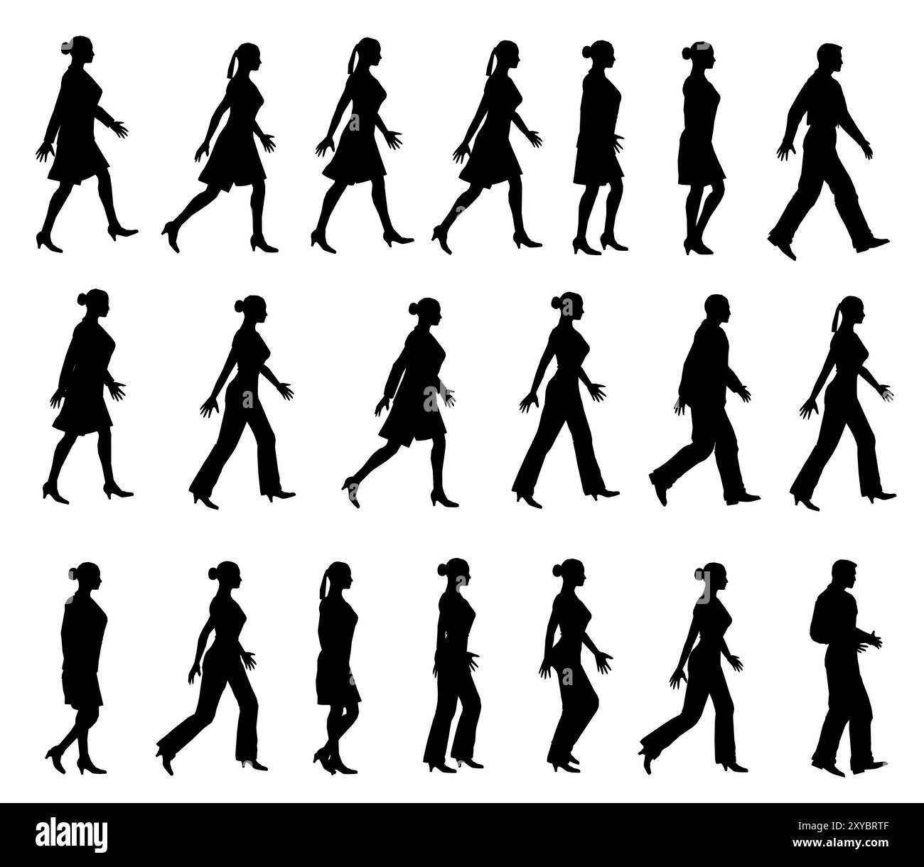 Set with silhouette of walking people isolated on white background. Men ...