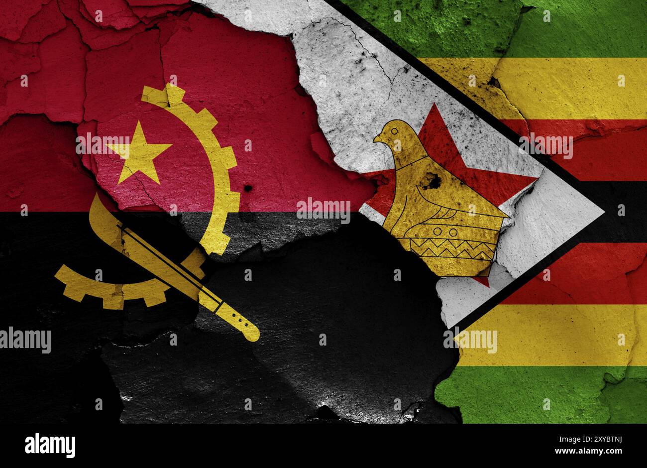 Flags of Angola and Zimbabwe painted on cracked wall Stock Photo - Alamy