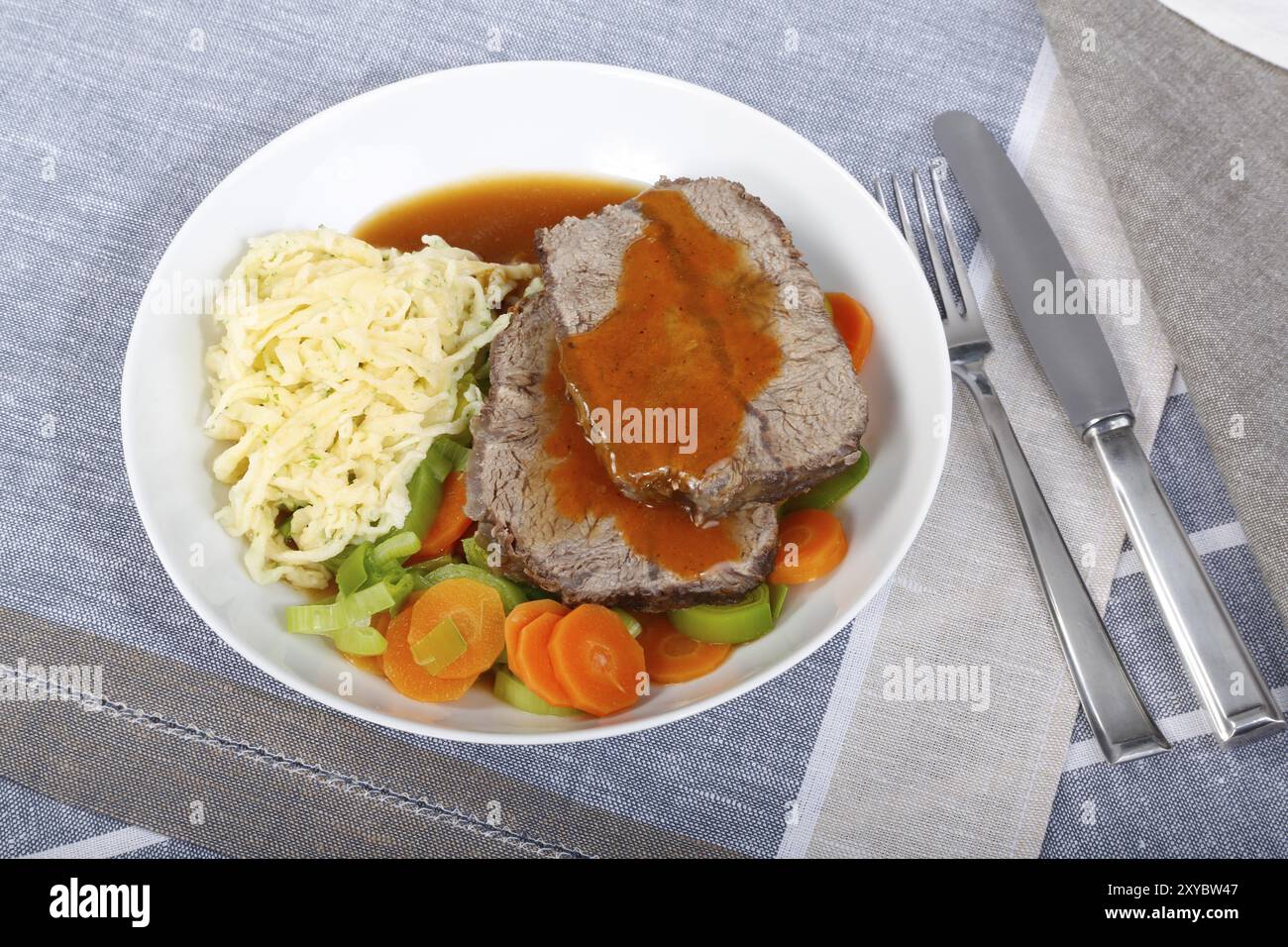 Swabian cuisine, roast beef, roast ox, herb spaetzle, meat dish, gravy ...