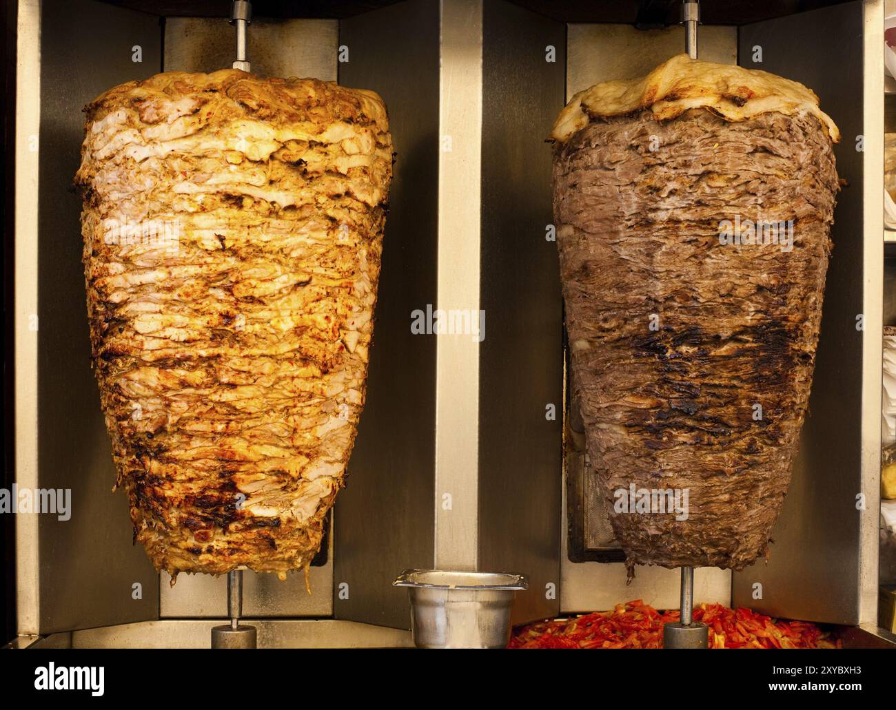 Delicious slabs of skewered fast food shawerma chicken and lamb meat ...