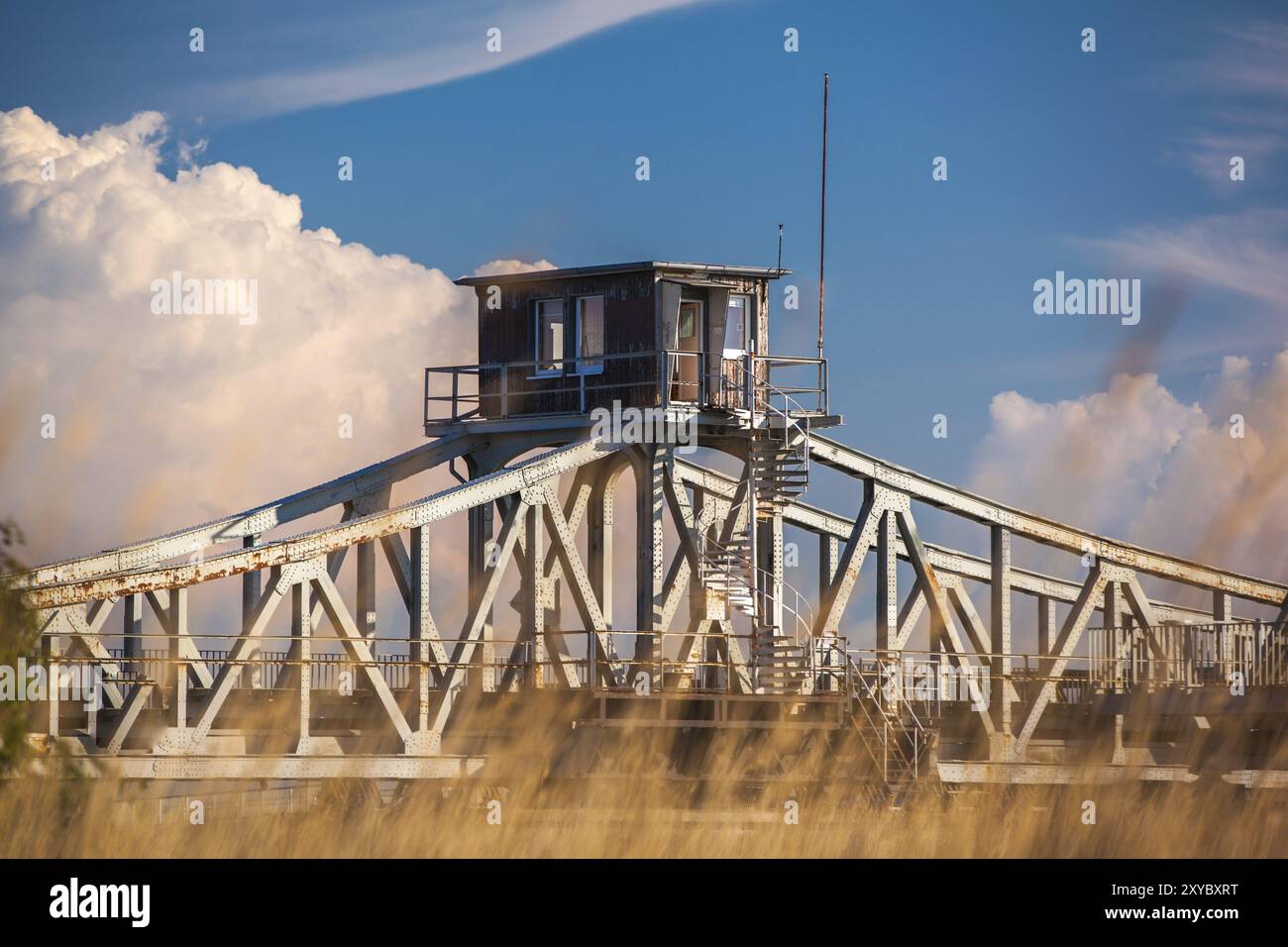 Rusty historic swing bridge with a small driver's cab on the roof Stock ...