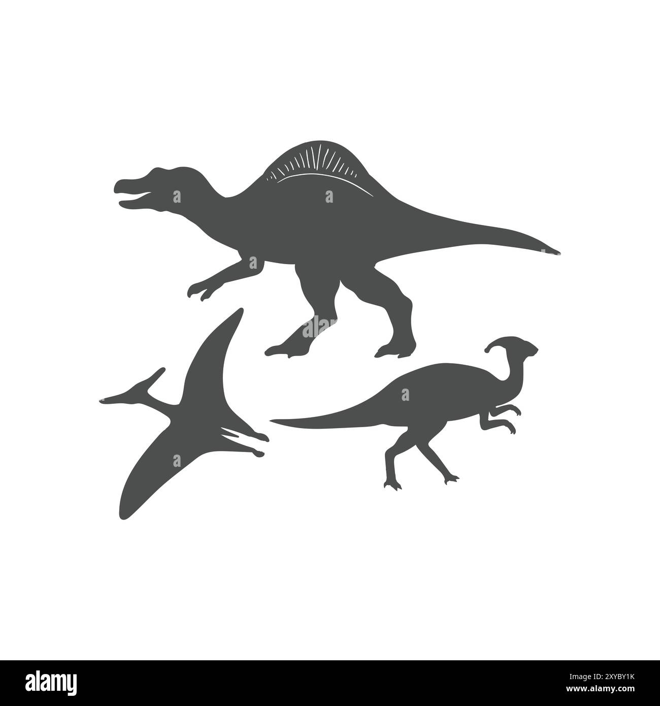 Set of Dinosaurs, Spinosaurus, Pteranodon and Parasaurolophus Silhouette Icon Illustration ...