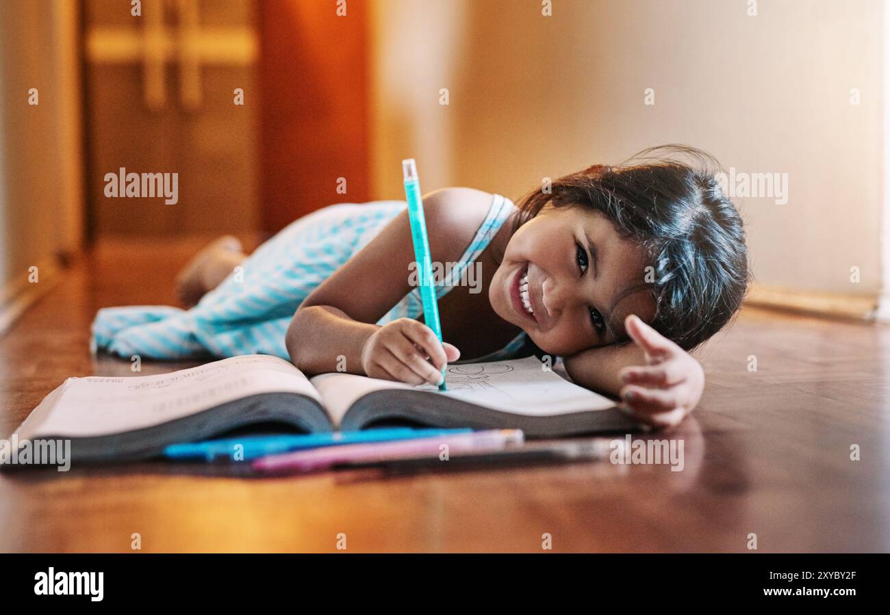 Portrait, happy kid and girl drawing for homework with learning ...