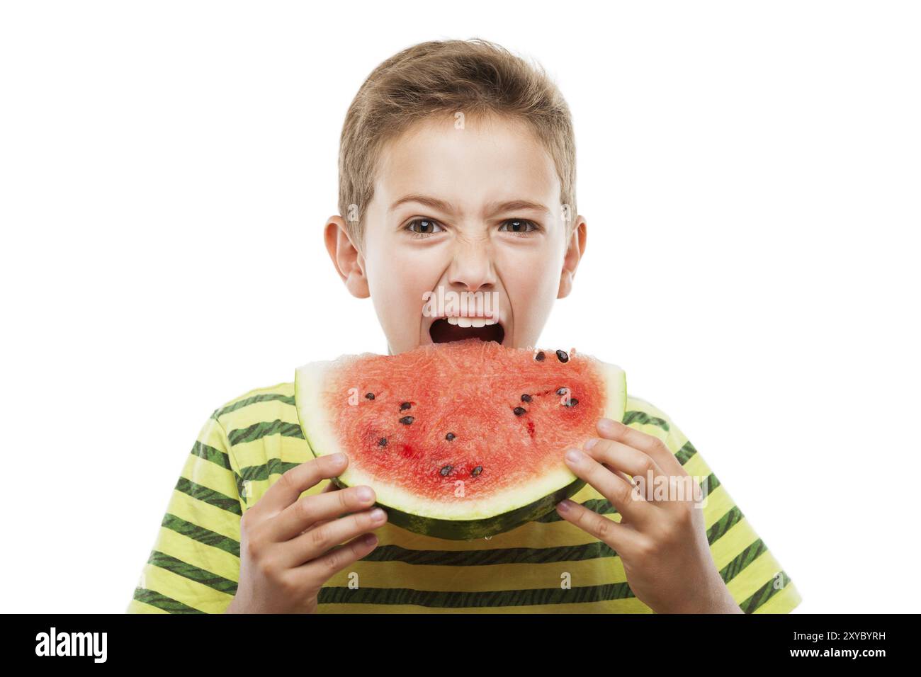 Handsome smiling child boy hand holding red ripe watermelon fruit food ...