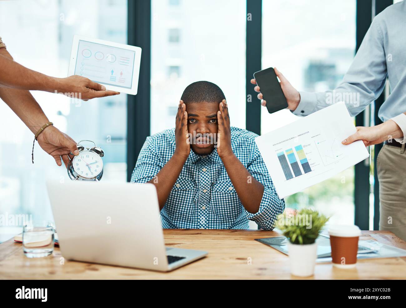 Man, headache and group with chaos, office and portrait with charts ...