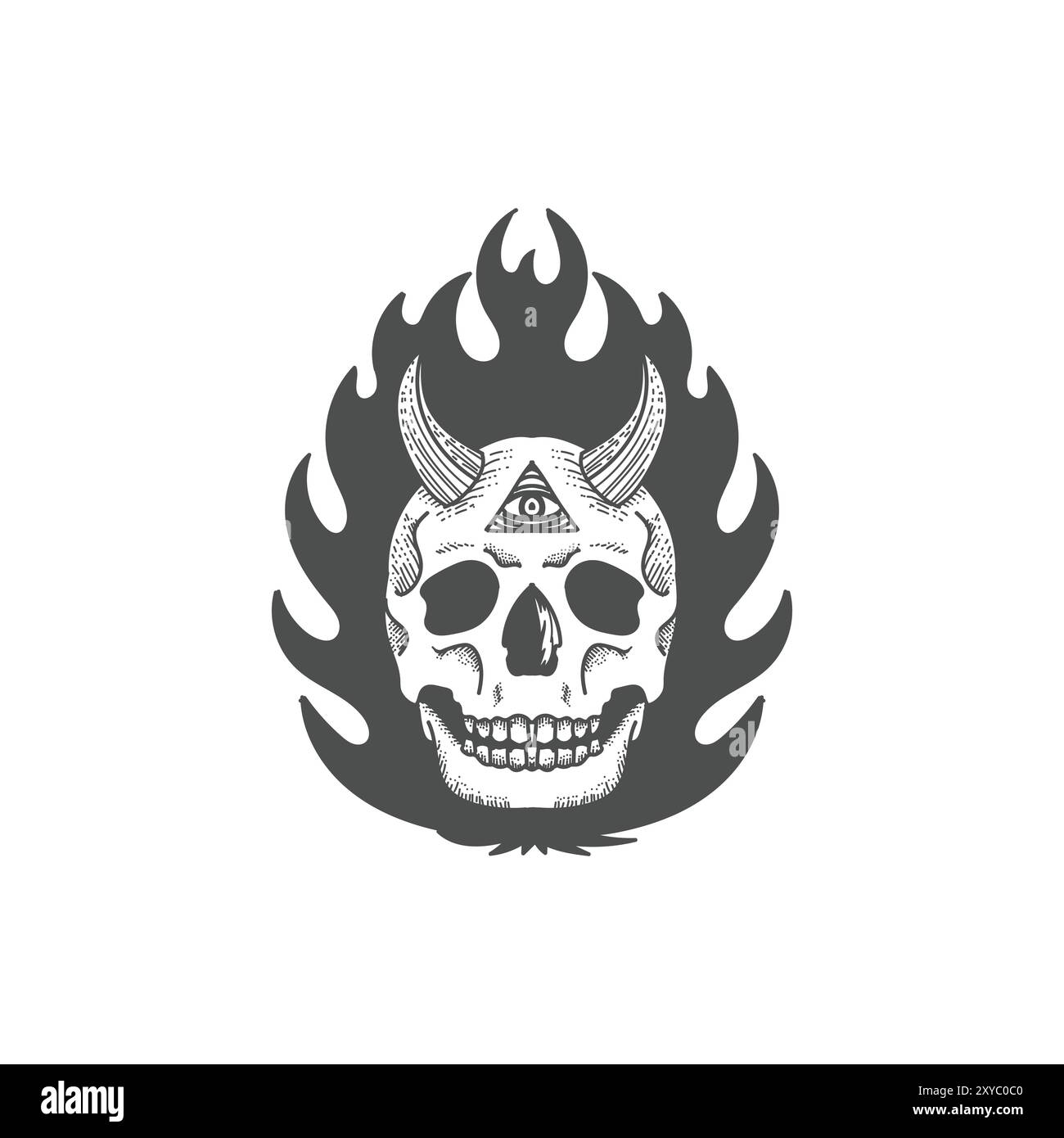 Retro Vintage Gothic Horned Satanic Skull Illuminati Fire Illustration ...