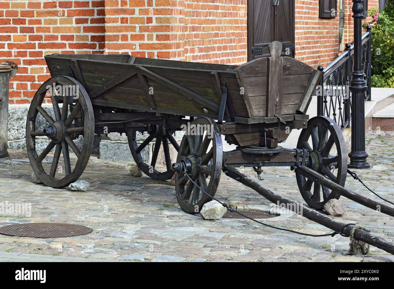 Vintage German wooden four-wheeled cart with shafts closeup Stock Photo ...