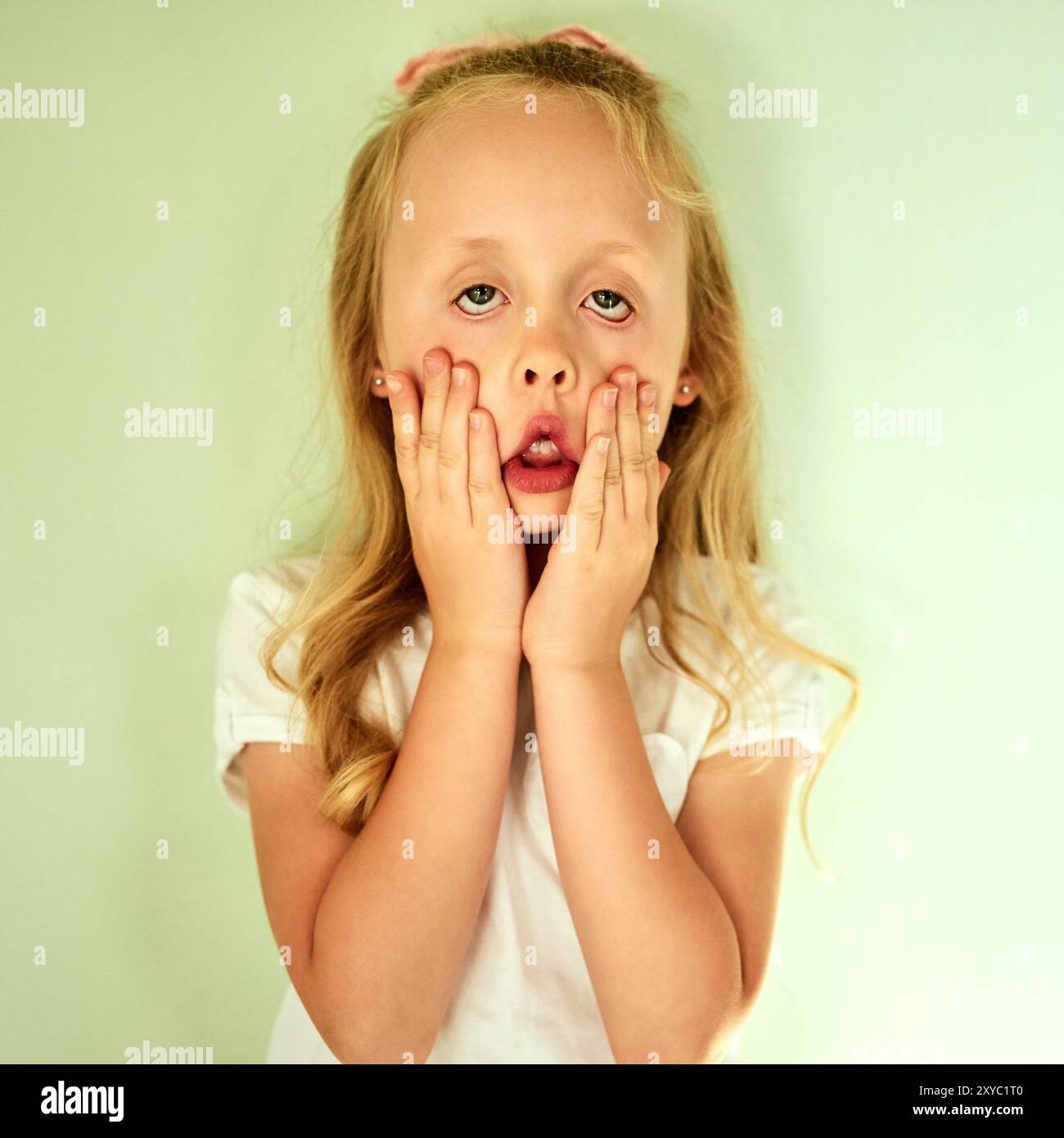 Scary face, portrait and child with hands on eyes for playful comedy ...