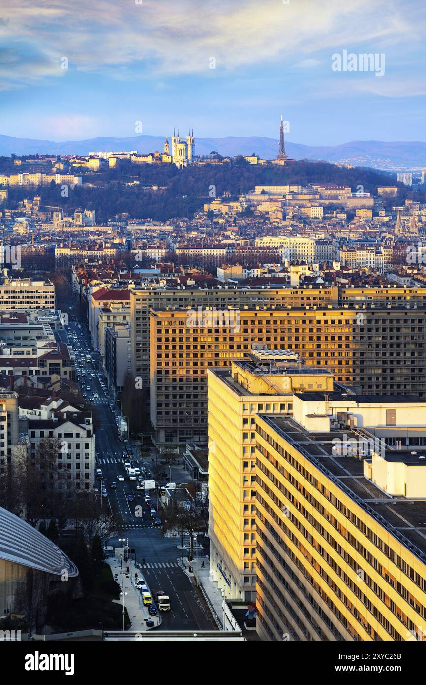 Rooftop of buildings and basilica at Lyon city at morning in France ...